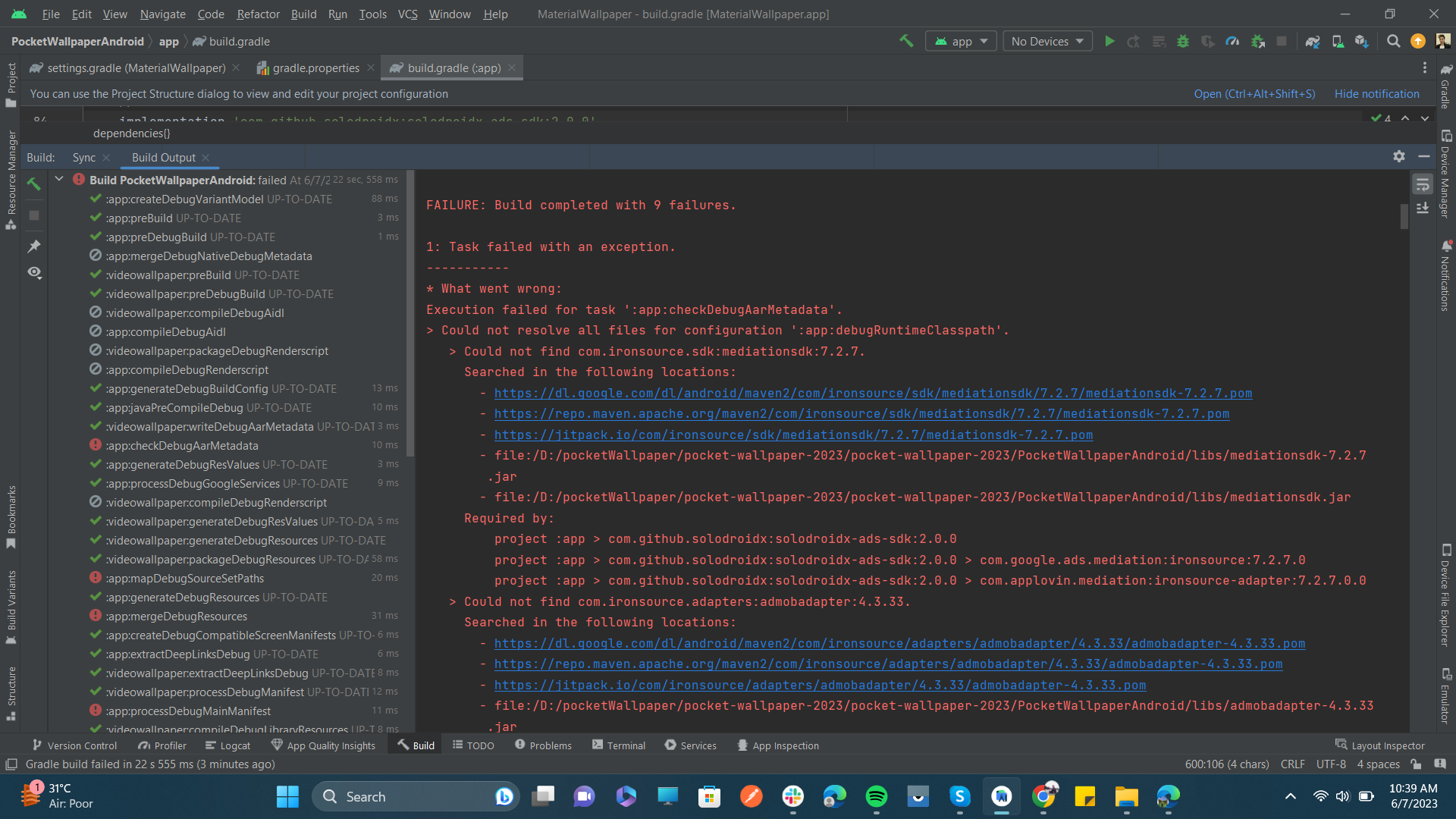 FAILURE Build completed with 9 failures 1 Task failed with a kotlinlang #android